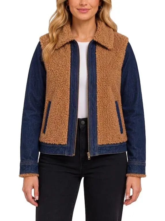 LIVERPOOL Faux Shearling & Denim Zip-up Jacket - Cinder Bloom