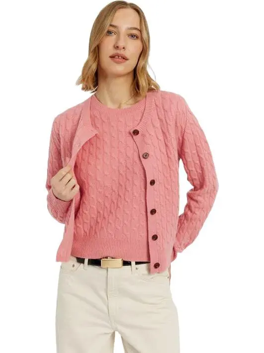Chinti & Parker Pure Cashmere Cabled Crew Neck Cardigan - Salmon