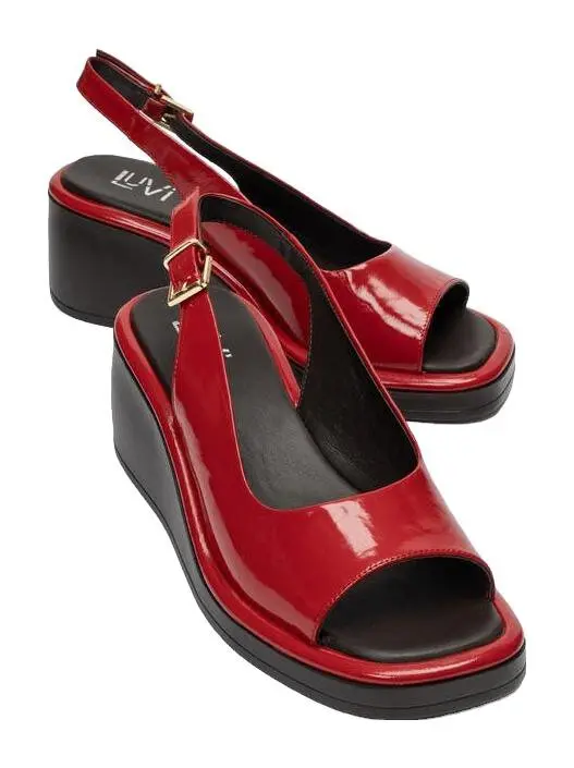 FOREVER & ALWAYS SHOES Leather Platform Wedge Sandal - Red