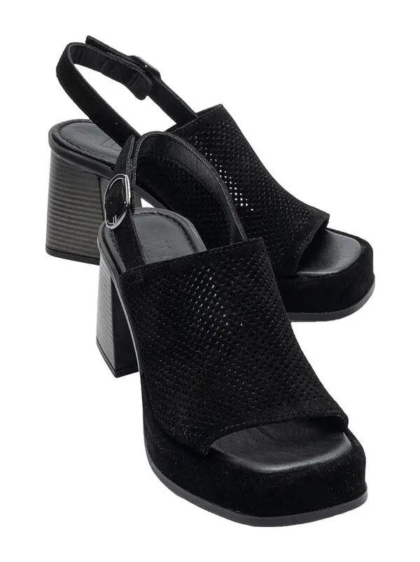 FOREVER & ALWAYS SHOES Leather Platform Block Heel Sandals With Laser Cut Detailing - Black Suede