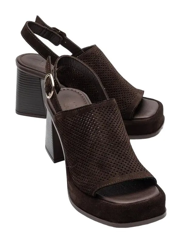 FOREVER & ALWAYS SHOES Leather Platform Block Heel Sandals With Laser Cut Detailing - Brown Suede