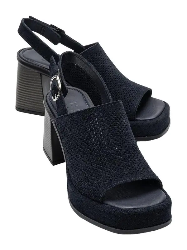FOREVER & ALWAYS SHOES Leather Platform Block Heel Sandals With Laser Cut Detailing - Navy Suede