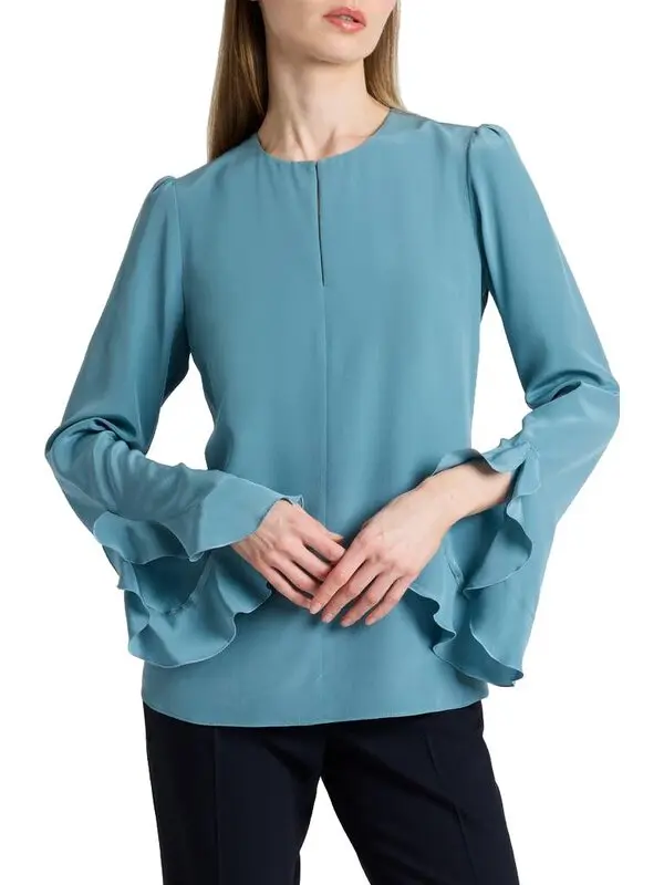 Santorelli Anna Silk Ruffle Cuff Blouse - Sea Mist