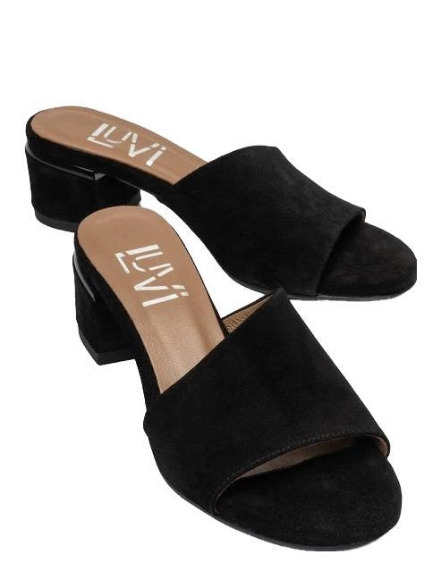 FOREVER & ALWAYS SHOES Delavie Leather Block Heel Sandal - Black Suede