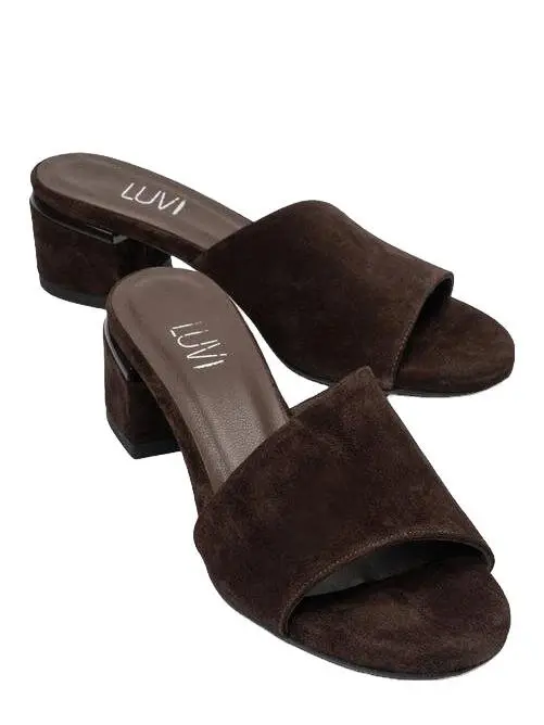 FOREVER & ALWAYS SHOES Delavie Leather Block Heel Sandal - Brown Suede