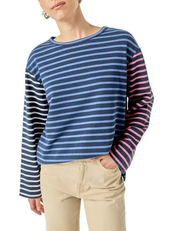 English Factory Mixed Stripe Long Sleeve Top - Navy Multi