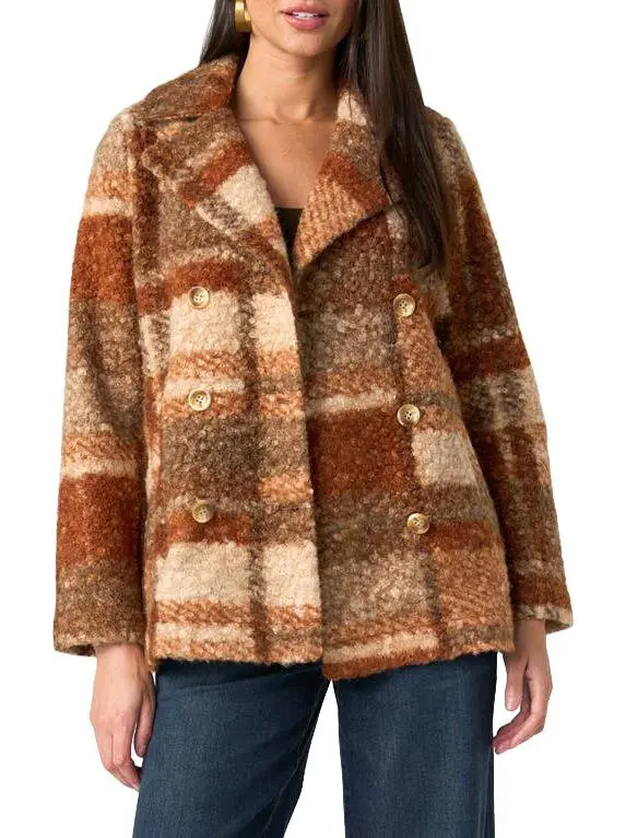 LIVERPOOL Double Breasted Plaid High Pile Fleece Coat - Nutmeg Multi