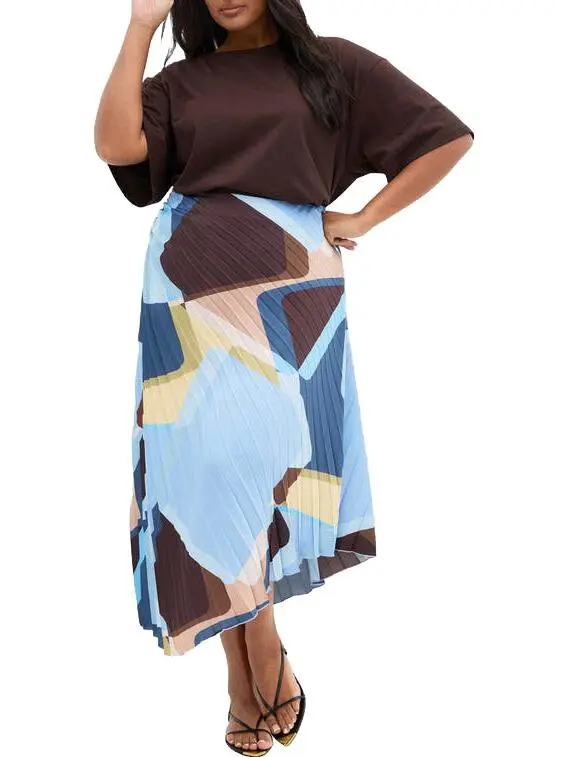 City Chic Amaya Pleated Asymmetrical Skirt - Blue Abstract