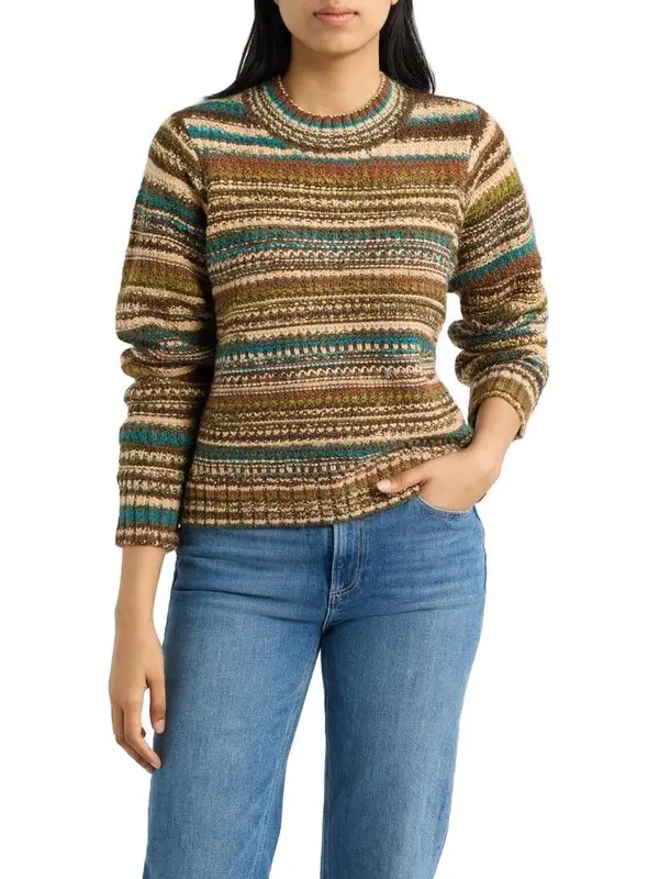 CITY BLUES Mixed Stripe Crewneck Sweater - Brown Multi
