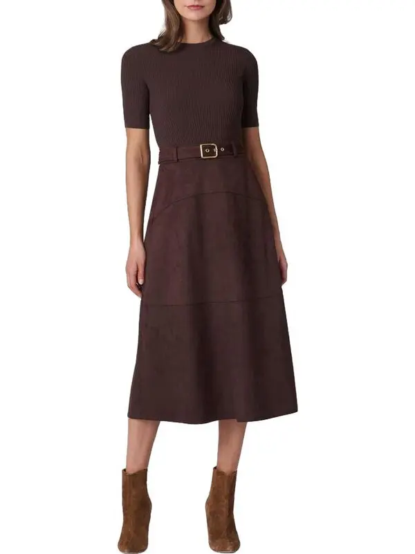 Shoshanna Suede Knit Mixed Media Midi Dress - Chocolate