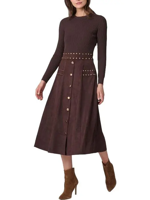 Shoshanna Suede Knit Mixed Media Midi Dress - Chocolate