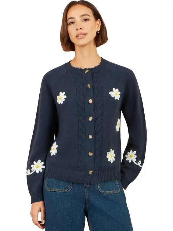 YUMI Daisy Applique Cardigan - Navy