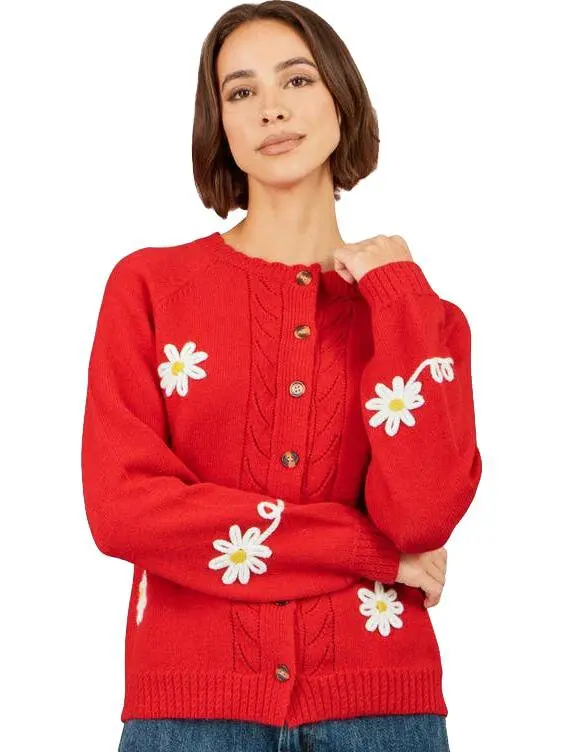 YUMI Daisy Applique Cardigan - Red