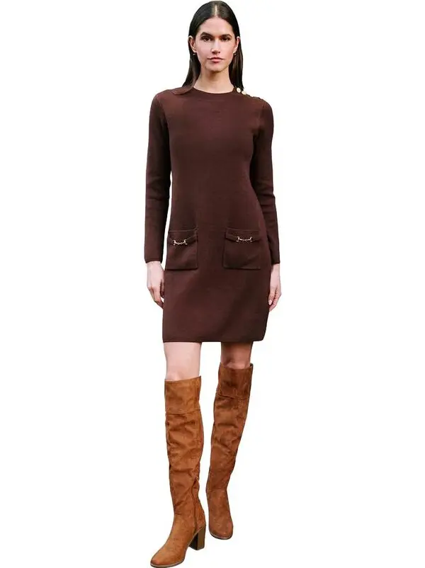 YUMI Long Sleeve Knitted Tunic Dress With Pocket Detail - Brown