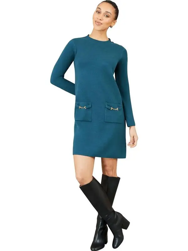YUMI Long Sleeve Knitted Tunic Dress With Pocket Detail - Teal