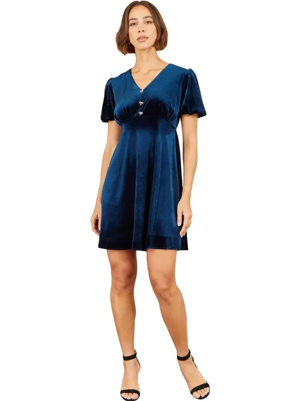 YUMI Diamante Bow Velvet Skater Dress - Navy