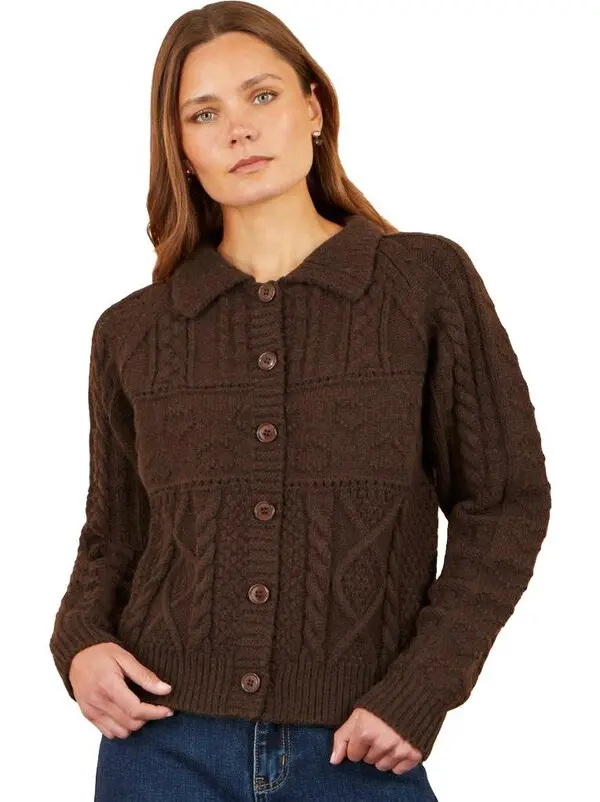 YUMI Collared Cable Knit Boxy Cardigan - Brown