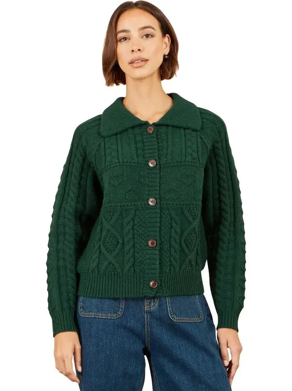 YUMI Collared Cable Knit Boxy Cardigan - Green