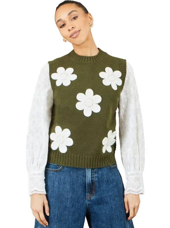 YUMI Flower Appliqué Knit Tank - Green