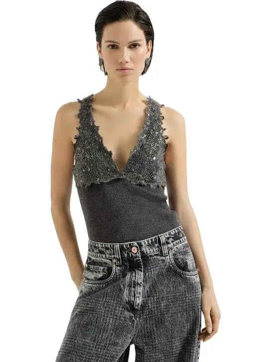 Brunello Cucinelli Ribbed Wool Jersey Top With Lace Embroidery - Lead