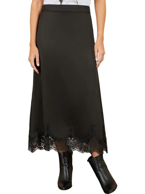 YUMI Lace Trim Satin Midi Skirt - Black