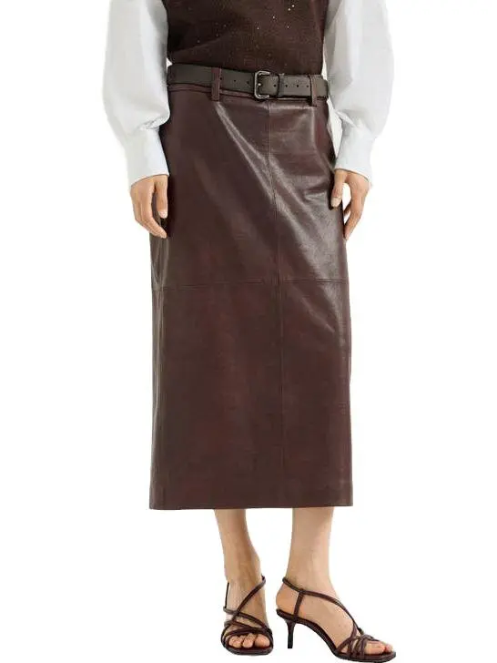 Brunello Cucinelli Polished Nappa Leather Pencil Skirt - Burgundy
