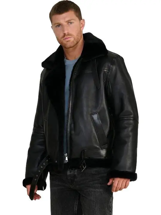 FURNIQ UK Leather Shearling Aviator Jacket - Black