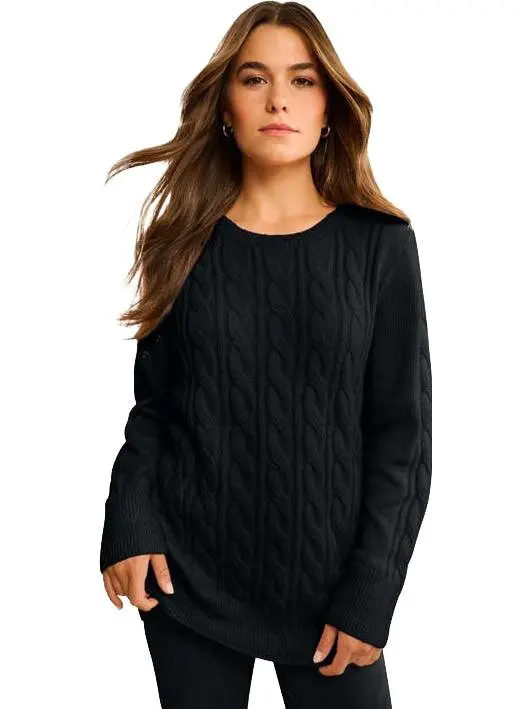 Roaman's Cozy Cable Crewneck Sweater - Black