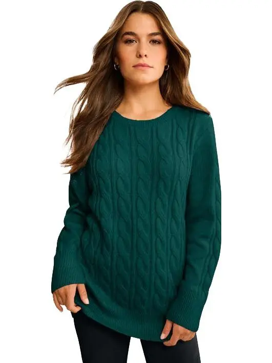 Roaman's Cozy Cable Crewneck Sweater - Emerald Green