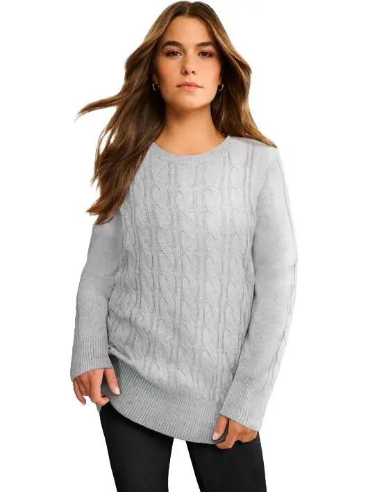 Roaman's Cozy Cable Crewneck Sweater - Heather Grey