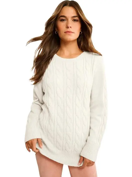 Roaman's Cozy Cable Crewneck Sweater - Ivory