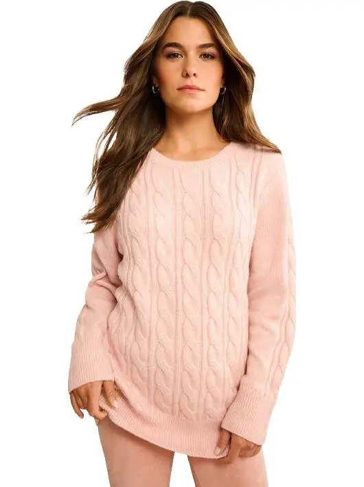 Roaman's Cozy Cable Crewneck Sweater - Soft Blush