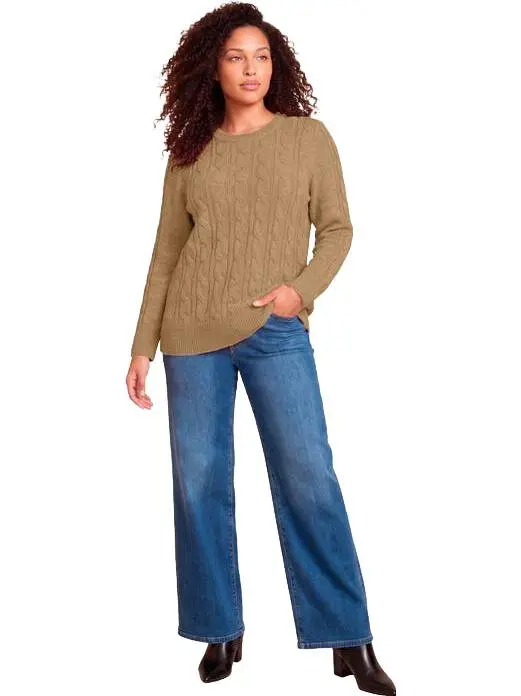 Roaman's Cozy Cable Crewneck Sweater - Soft Camel