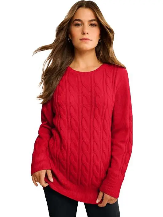 Roaman's Cozy Cable Crewneck Sweater - Vivid Red