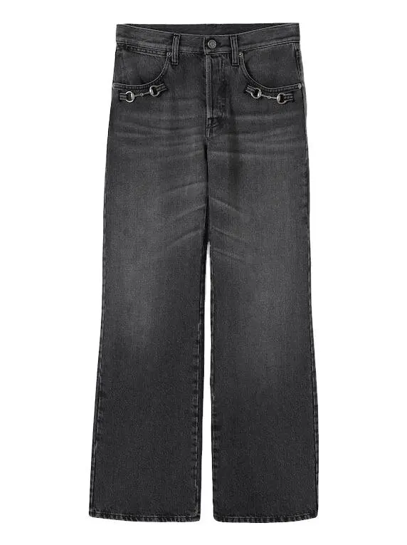 Gucci Cotton Denim Pants With Horsebit Detail - Black