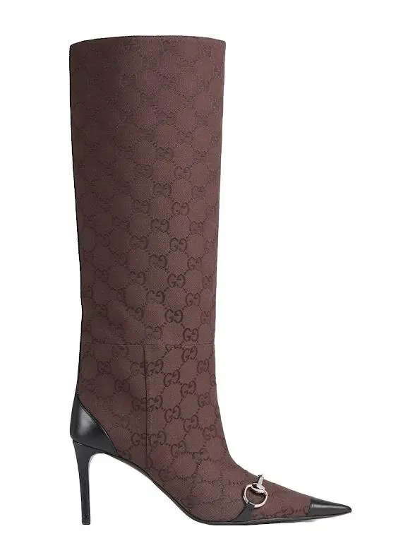 Gucci Dark Gg Canvas Pointed Toe Stiletto Boot With Horsebit Detail - Brown