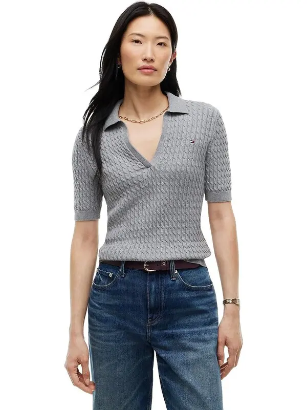 Tommy Hilfiger Short-sleeve Cable Knit Polo Sweater - Medium Grey Heather