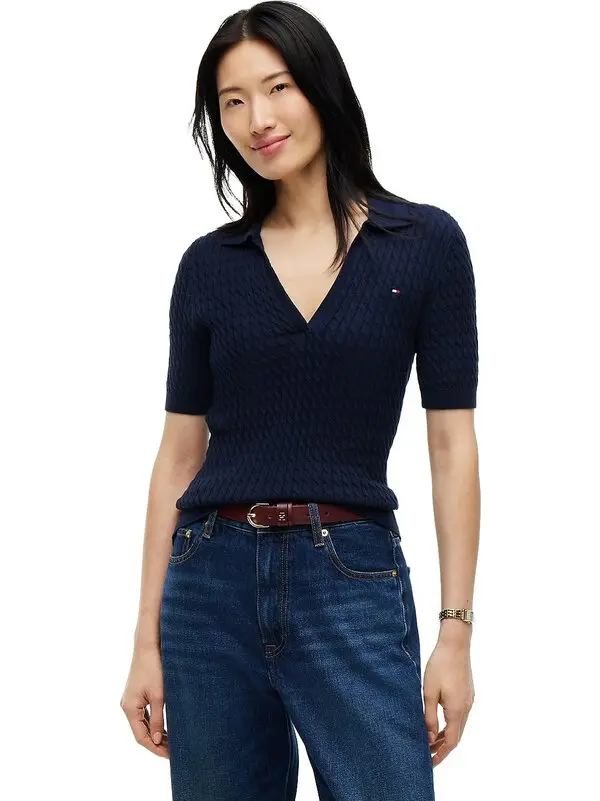 Tommy Hilfiger Short Sleeve Cable Knit Polo - Dark Blue