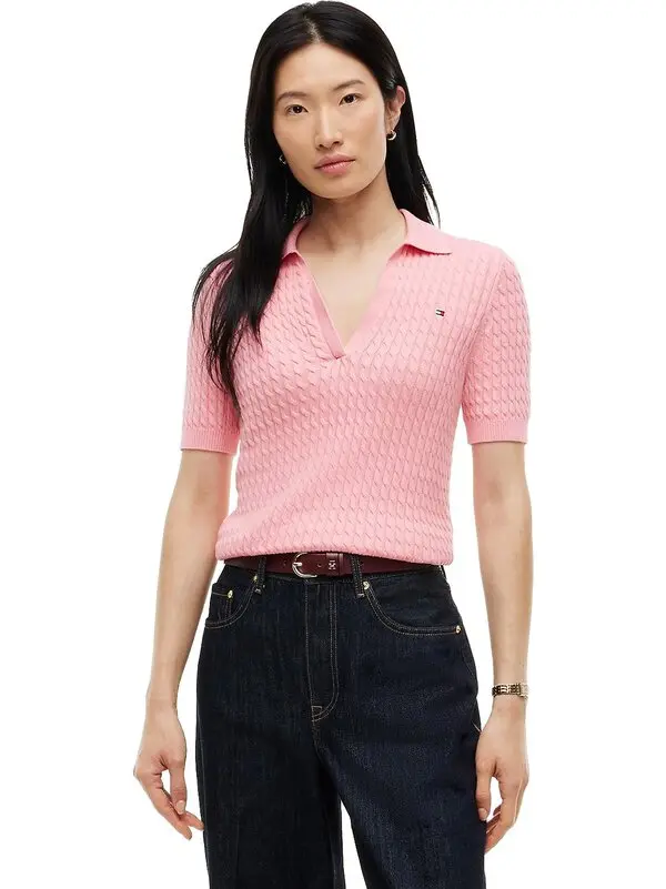 Tommy Hilfiger Short-sleeve Cable Knit Polo Sweater - Carnation Pink