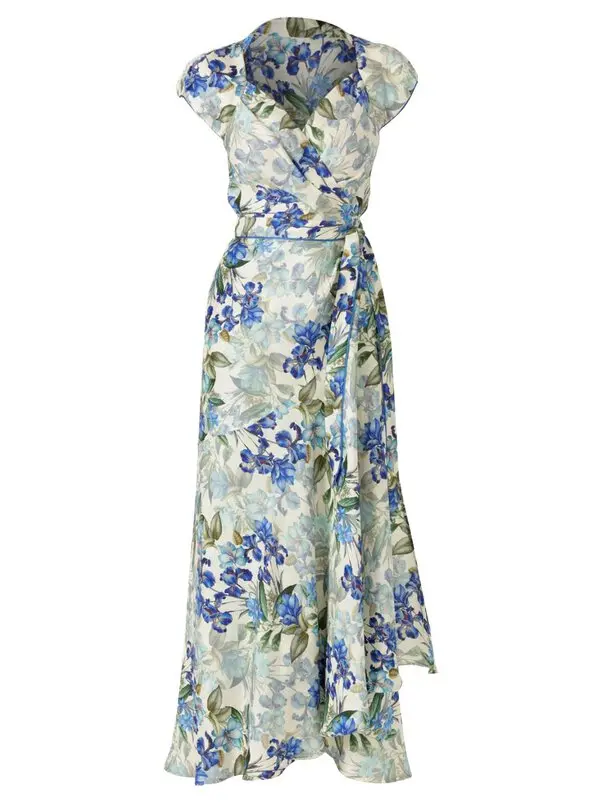 SACHA DRAKE Mariette Wrap Dress In Iris Floral Print Silk Linen - Blue