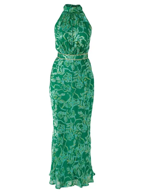 SACHA DRAKE Tessa Halter Bias Dress In Aqua Floral Print - Green
