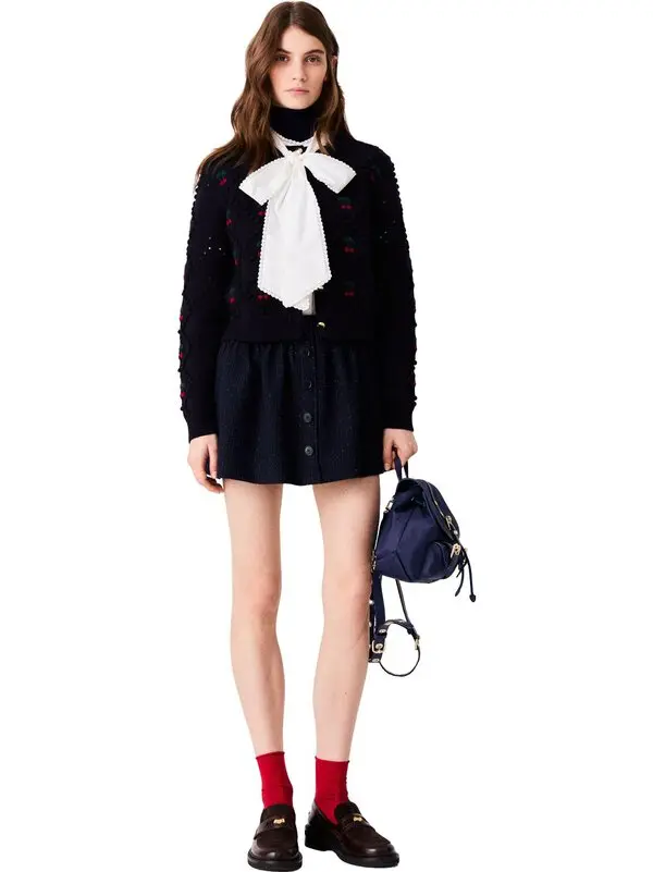 Maje Embroidered Cherry Wool Cardigan - Navy