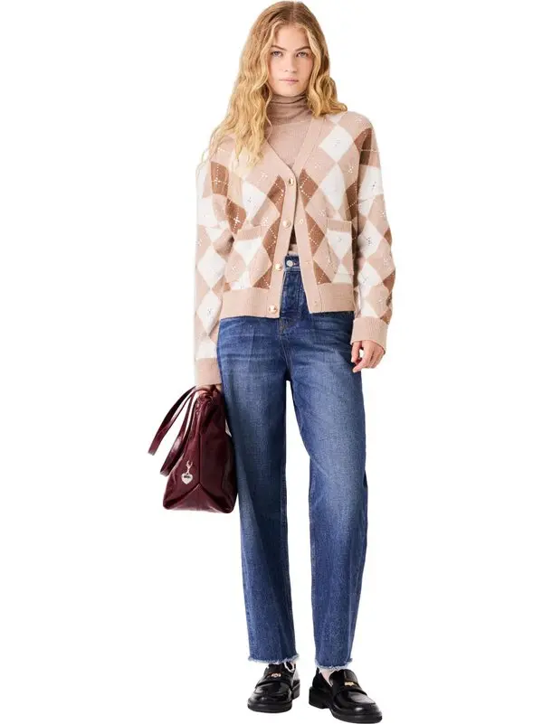 Maje Rhinestone Argyle Wool Cardigan - Beige