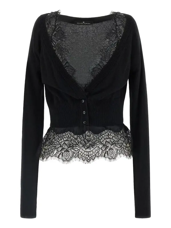 Ermanno Scervino Lace Trimmed Cashmere Cardigan - Black