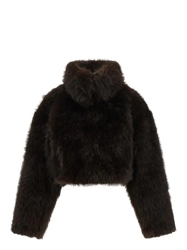 ROTATE BY BIRGER CHRISTENSEN Cropped Eco-fur Jacket With High Neck - Brown