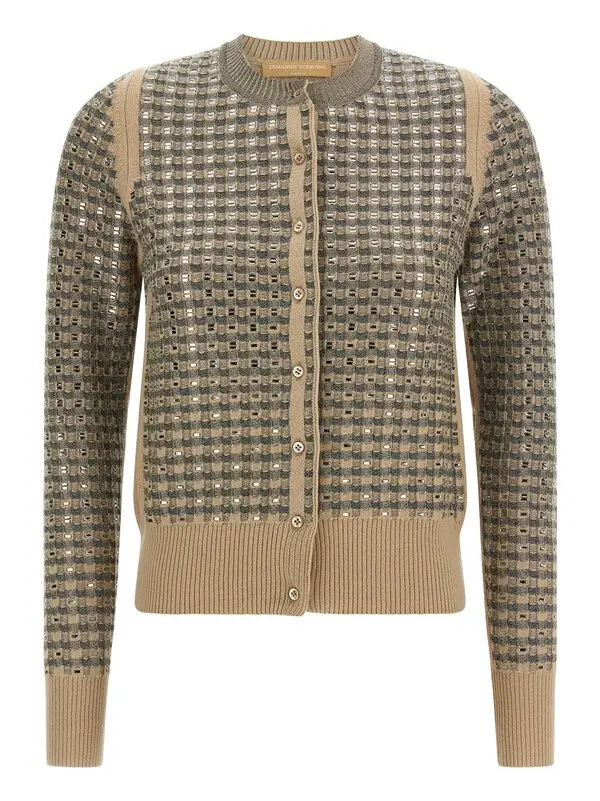 Ermanno Scervino Checkered Virgin Wool And Cashmere Cardigan With Sequins - Beige