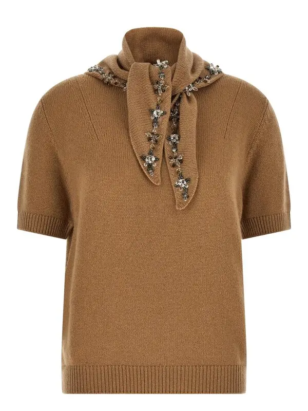 Prada Short Sleeve Cashmere Sweater With Embellished Scarf Detail - Beige