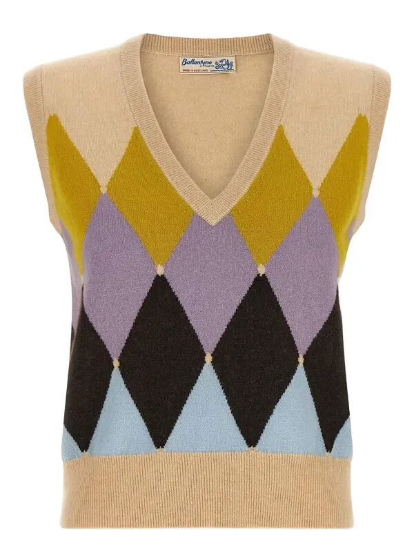 BALLANTYNE Argyle Diamond Pattern V-neck Cashmere Vest - Beige