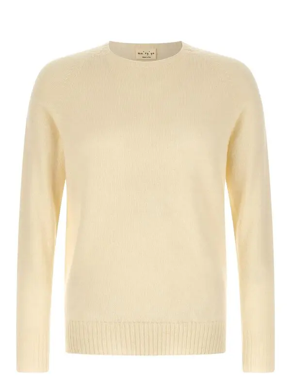 MA'RY'YA Crew Neck Raglan Sleeve Fine Knit Sweater With Side Slits - White