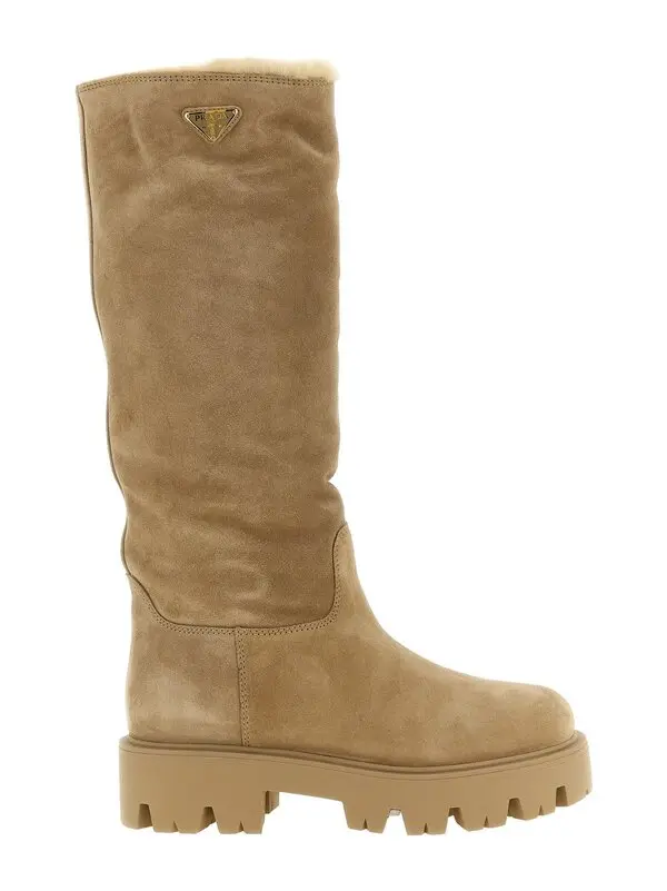 Prada High Suede Boots With Logo Detail - Beige